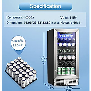 Antarctic Star 15 Inch Beverage Refrigerator Cooler - 2.9 Cu.Ft Wine or Champagne Cooler Low Noise Transparent Glass Door LED Light for Home and Bar 115V 60Hz Electronic Temperature Control