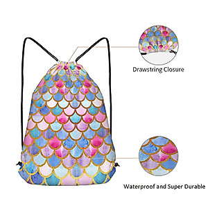 Beabes Mermaid Scales Drawstring Bags Backpack Bag Watercolor Animal Fish Mermaid Tale Pattern Cool Design Modern Sport Gym Sack Drawstring Bag String Bag Yoga Bag for Men Women