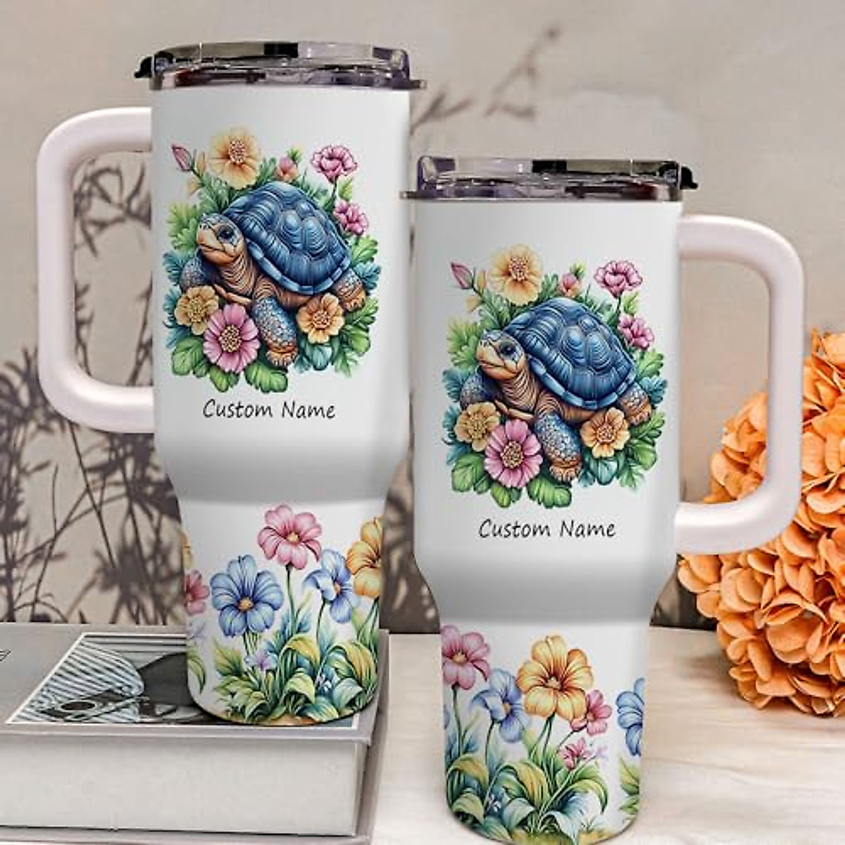 Tortoise Lover Personalized Tumbler 40oz With Handle & Straw - Stainless Steel Travel Coffee Cup With Lid - Cute Animal Gift For Women, Girls - Custom Name Birthday Holiday Gift Idea TNPLyL