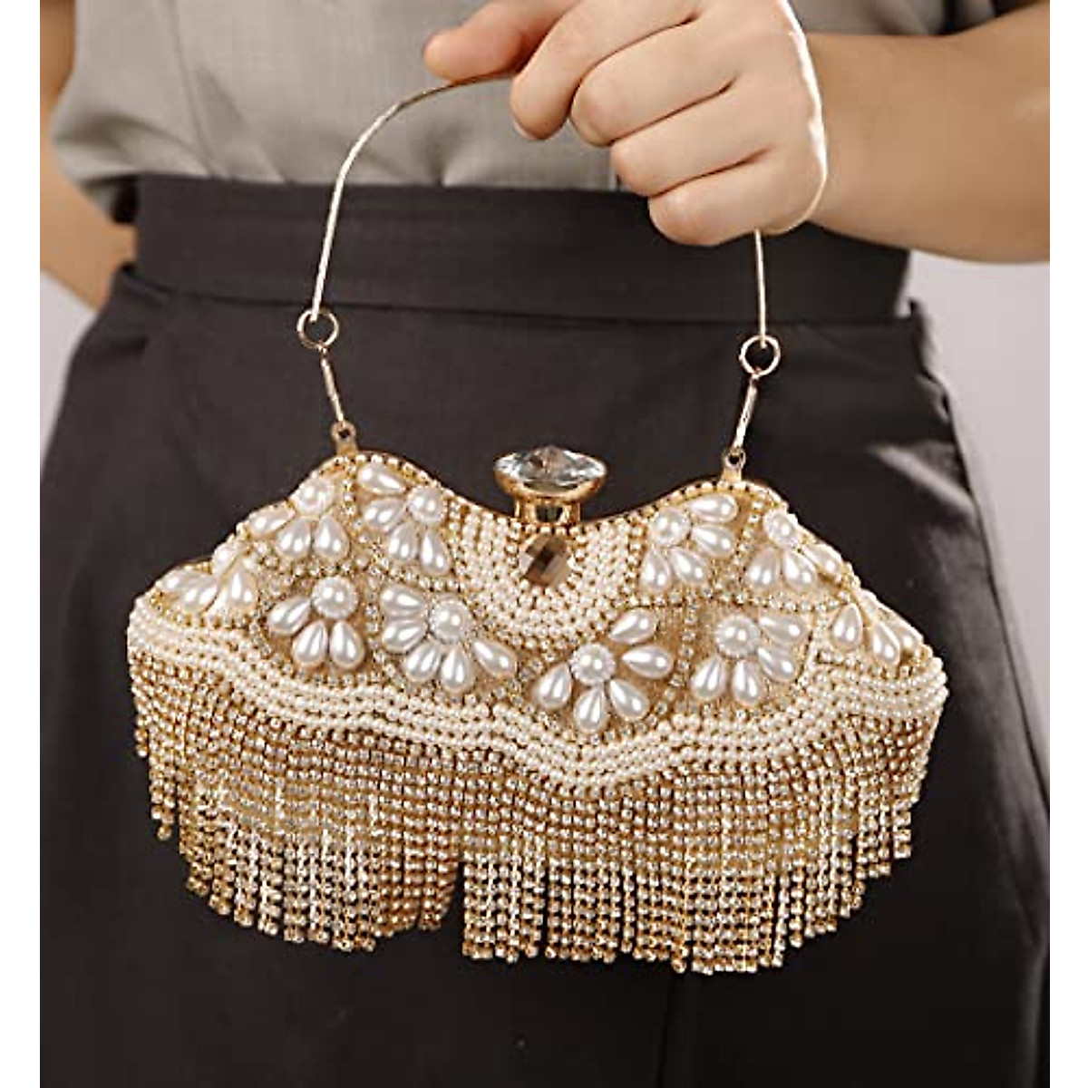 Sither Rhinestone Tassel Handbag Purses for Women Evening Handbag Purses Crystal Pearls Clutch Purses Sparkly Clutches Shoulder Chain Bags for Party Prom Christmas Gift (gold)