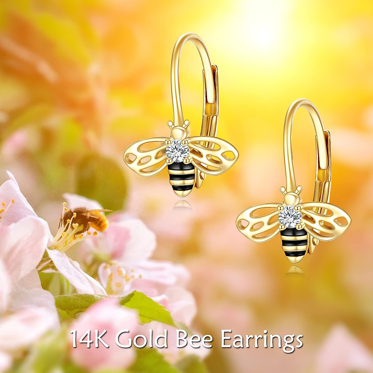 KECHO 14k Yellow Gold Honey Bee Leverback Earrings for Women, Fine Gold Jewelry Gifts for Her (Bee Leverback)