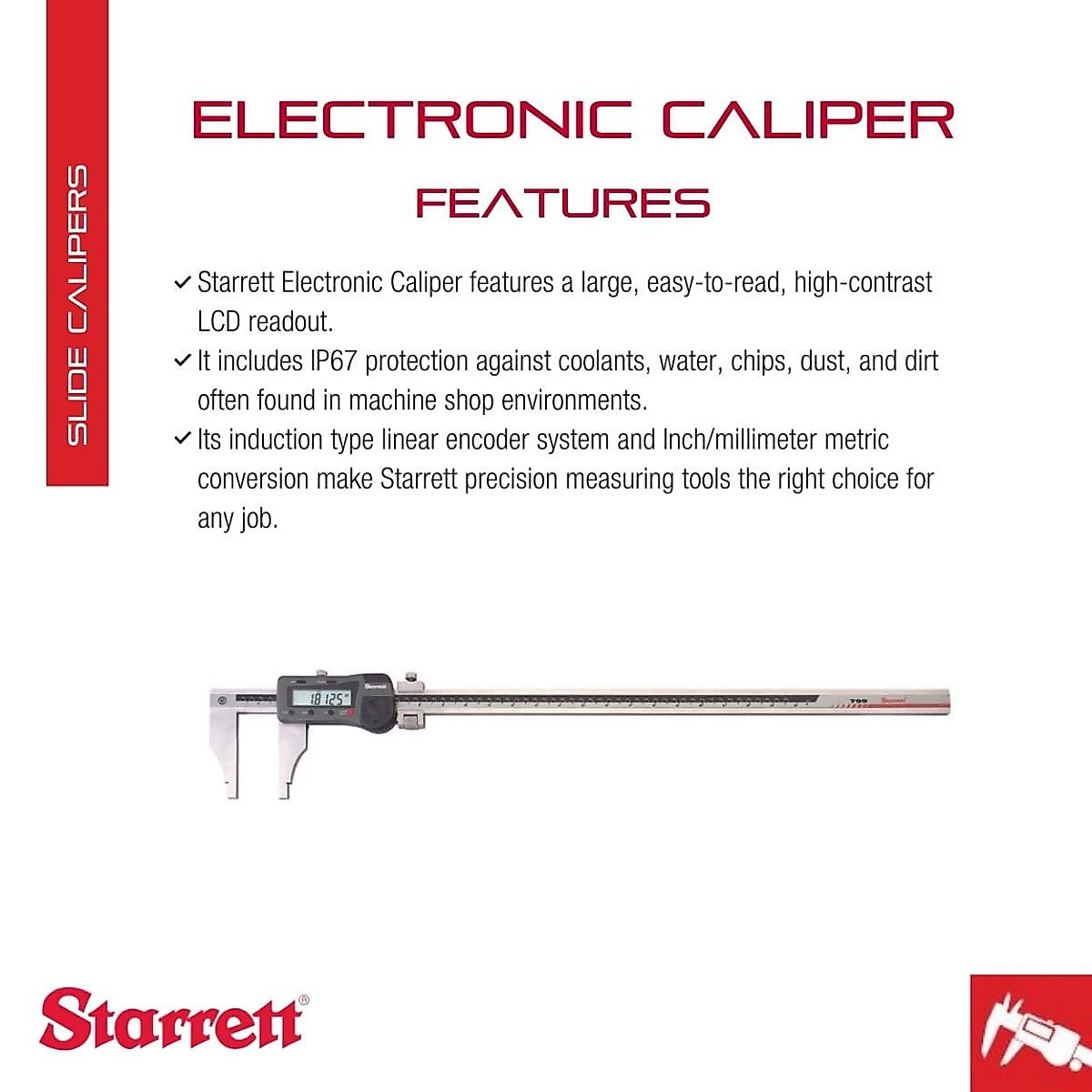 Starrett Stainless Steel Electronic Slide Caliper - 0-24" Range, .0005" Resolution, LCD Display, Fine Adjustment Thumb Wheel, In/mm Conversion - 799AZ-24/600