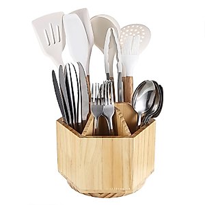 Sumnacon Wood Utensil Caddy, 360° Rotatable Silverware Caddy for Kitchen, Sturdy Silverware Holder with Removable Divider for Spoons, Forks, Knives, Paper Napkins