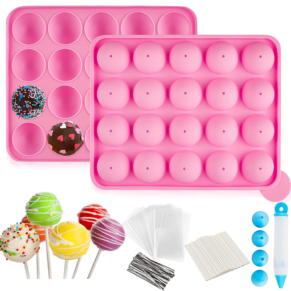 Ocmoiy Cake Pop Mold Set of 262 - including 20 Cavities Silicone Cake Pop Molds, Cake Pop Sticks, Cake Pop Wrappers, Sliver Twist Ties, Decorating Pen