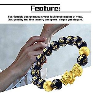 INENIMARTJ Feng Shui Black Obsidian Wealth Bracelets, Pi Xiu Bracelet Adjustable Elastic Band Mantra Amulet Feng Shui Bracelet for Women Men