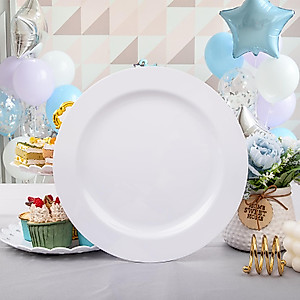 I00000 50Pcs White Plastic Dinner Plates 10.25 Inch, Premium Disposable Party Plates, Safe and Reusable, Heavy Duty Plastic Plates Perfect for Wedding & Party