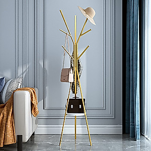 IOTXY Metal Coat Rack Tree - 71 inches Tall Floor Standing Clothing Hanger with Wooden Shelf and 9 Hooks for Handbag Jacket Scarf Rack, Gold