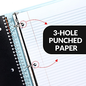 SUNEE 5 Subject Notebook College Ruled - 300 Pages, 8.2"x10.8", Spiral Lined Notebook with 5 Pocket Colored Dividers, 3-Hole Punched Paper, Black Notebooks for School Supplies, Home & Office, Writing Journal