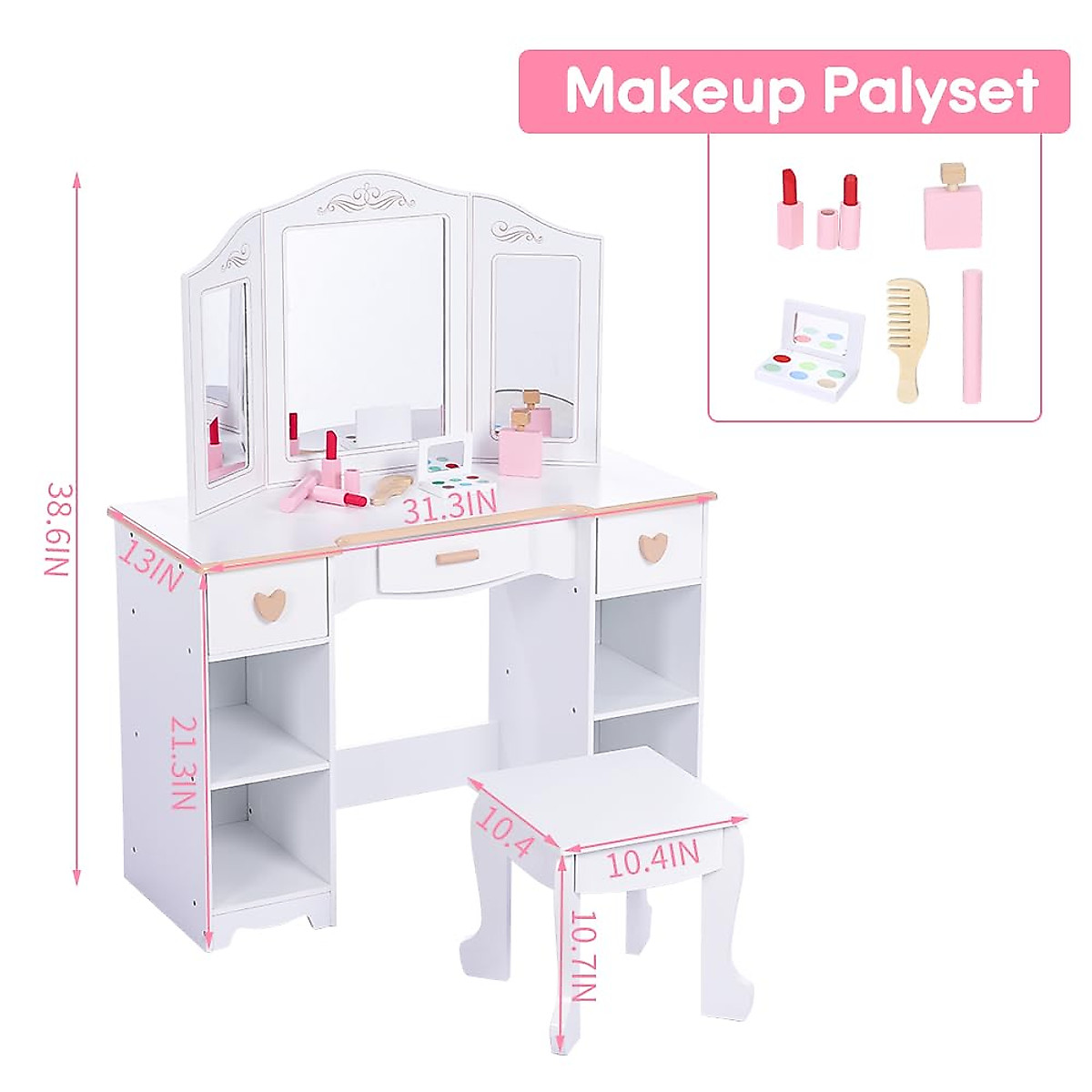 EGFheal Kids Vanity Set with Mirror and Drawer - Girls' Vanity Table and Chair Set with Wood Makeup Playset, Perfect for 3-9 Yr, White