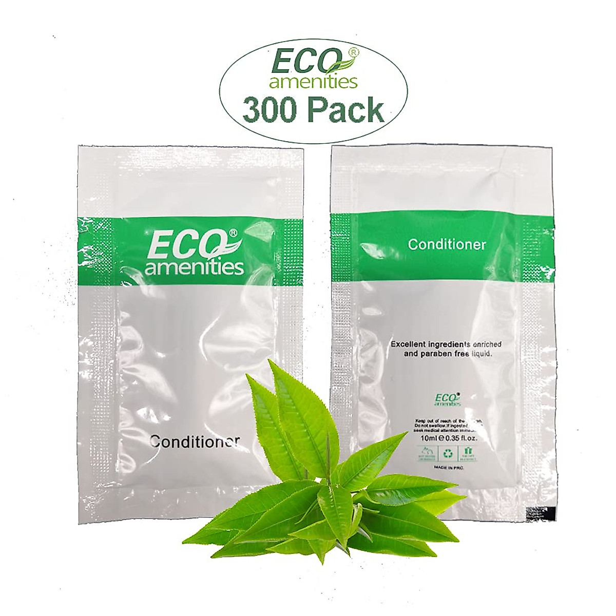 Eco Amenities Travel Size Hair Conditioner for Women & Men - Hotel Supplies for Guests - Refreshing Bulk Travel Size AirBnB Toiletries - 0.35fl oz (10ml), 300 pack, Green Tea Scent - Easy Tear Sachets