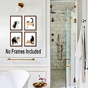 LHIUEM Black Cat Bathroom Decor, Funny Bathroom Wall Art, (Set of 4,8"X10",unframed) Modern Animals Kitty Pictures, Kitten Bathing Canvas Poster cat Lady Gifts for Women,Bathroom Set Decor