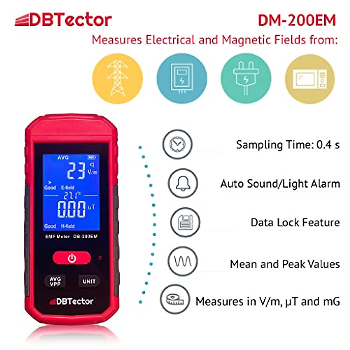DBTector EMF Meter Electric and Magnetic Field Meter Detect Radiation from Appliances, Computers, Electrical Boxes, Electrical Wires, High Power Transmission Lines