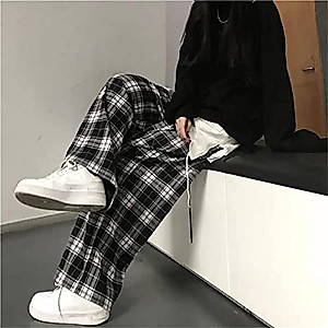 Womens Casual Plaid Baggy Jeans High Waisted Goth Grunge Pants Y2K Clothing Drawstring Pants Streetwear Black