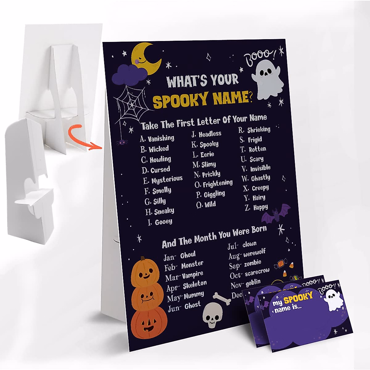 Halloween Theme Games - What's Your Spooky Name, 1 Sign with Stand and 50 Name Stickers, Halloween Party Game and Activity for Kids，Party Games，Baby Shower Games，Classroom Activity (HW001A)