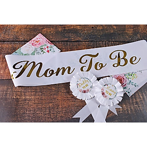 HAPPYLAND Baby Shower Decorations Floral Sash and Tinplate Badge Mommy to Be and Daddy to Be Baby