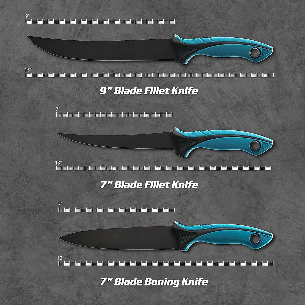 KNINE OUTDOORS Fish Fillet Knife Set Curved Flex 7 inch 9 inch Filet Knife for Filleting and Boning, Non-Slip Handles, Includes Fishing Braid Line Scissors, Fish Dressing Scissors, Filleting Pad
