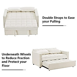 Aoowow 58 Inch Convertible Sleeper Sofa, Velvet Loveseat Sleeper Pull Out Sofa Bed Convertible Loveseat with Adjustable Backrest, 2 Pillows and Side Pockets for Living Room Small Spaces (Beige)