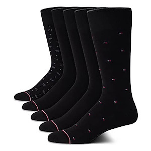 Tommy Hilfiger Men's 5 Pack Allover Flag Pattern Dress Crew Socks, Classic Black, Shoe Size 7-12