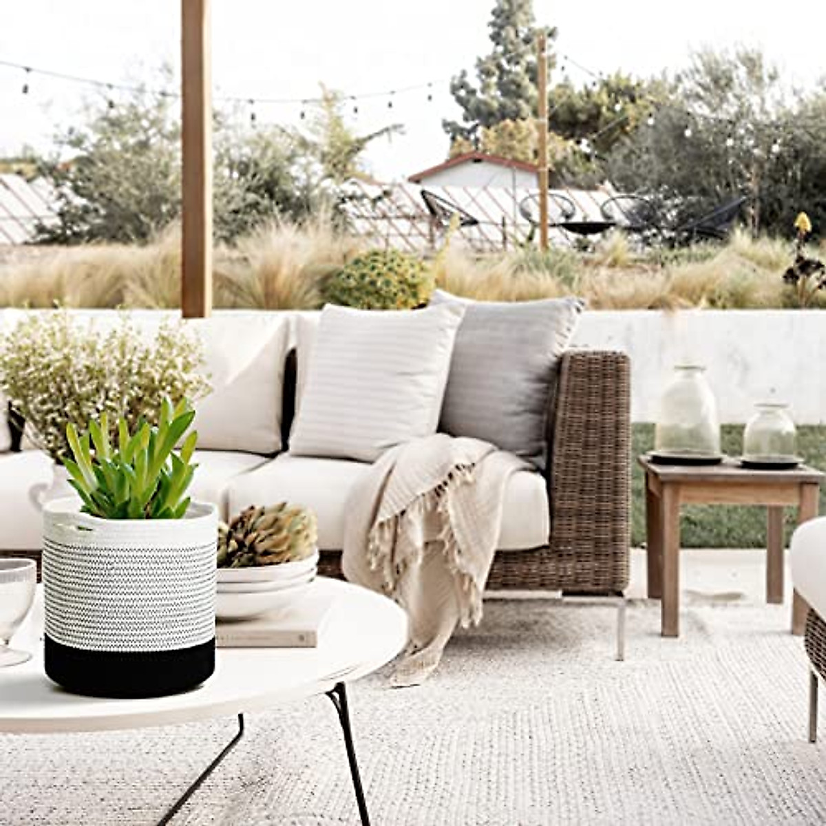 Gumcoly Jute Cotton Rope Plant Basket 8" Small Planter Basket for Up to 7" Planter Round Woven Basket Decorative Flower Pot Storage Organizer Home Decor White