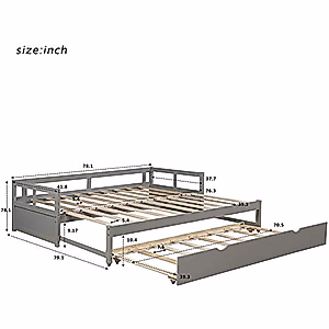 MERITLINE Daybed with Trundle,Twin to King Trundle Bed Extendable Design, Wooden Daybed/Sofa Bed for Bedroom Living Room,No Box Spring Needed,Grey