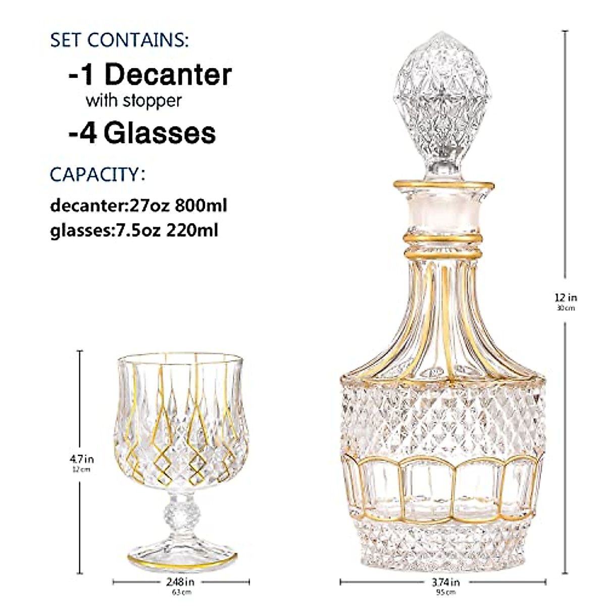 SALADAYS Whiskey Decanter and Glasses Set, Gold Crystal Decanter Set with 4 Whiskey Glasses, Gift Box, Perfect for Bourbon, Scotch and Wine - Gifts for Men