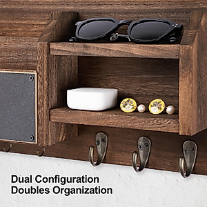 Lwenki Mail and Key Holder – Wall Mount Key Hanger with Shelf and 7 Metal Hooks – Decorative Natural Paulownia Wood Entryway Organizer with Mounting Hardware (16.5”W x 8.7”H x 3.5”D) (Brown)