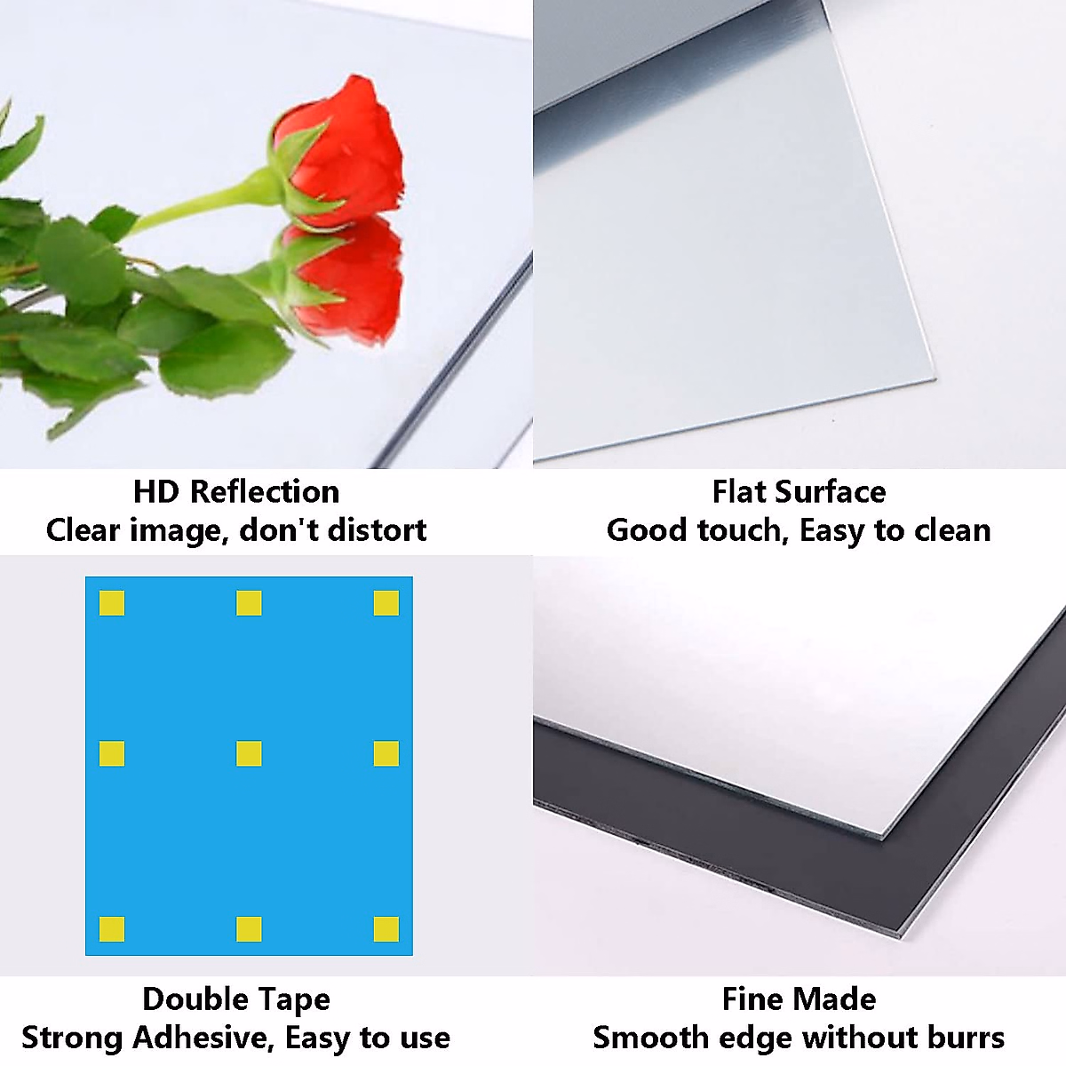 QEEYON 4Pcs Acrylic Mirror Sheets, 8"x12" Wall Mounted Mirror Tiles Self Adhesive Mirror Stickers Frameless Full Body Mirror Tiles for Wall Bedroom Bath Home Decor