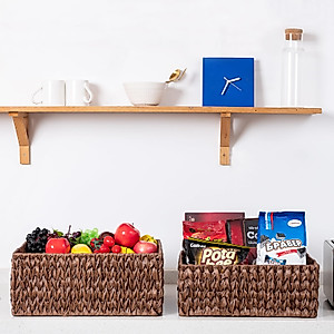 ATEDIR Large Wicker Basket, Waterproof Wicker Storage Basket, Odorless Plastic Woven Baskets for Organizing, Rectangle Rattan Basket with Handle, Brown (17x13x7inch & 15.6x11.6x6inch)