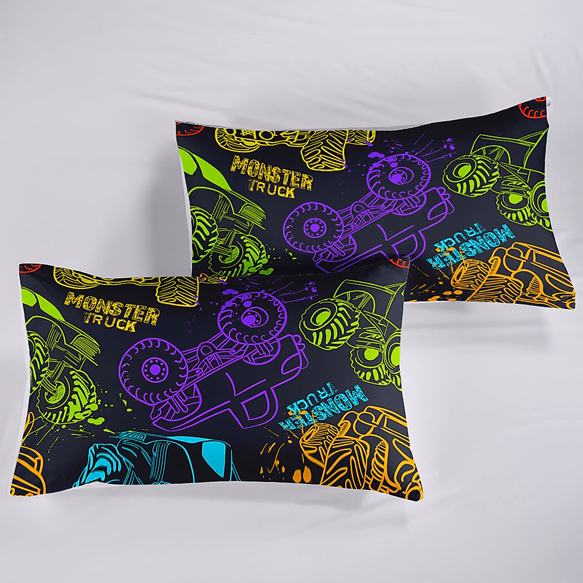 QOOMO Truck Comforter Set for Kids Teens Boys,Neon Truck Kids Comforter,1 Comforter with 2 Pillowcase, Microfiber 3 Piece Bedding Set,Soft and Lightweight(Black，Twin Size)