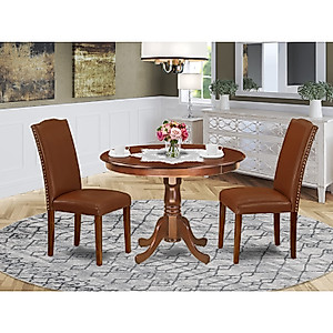 HomeStock French Fabulous 3Pc Rounded 42 Inch Dining Room Table and 2 Parson Chair with Mahogany Leg and Brown Flaux Leather