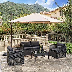 WO Outdoor Wicker Rattan Furniture 4 PCS Set Black Woven Table Chairs Set w Cushions & Back Support Pillows Coffee Table Seats 4 Black