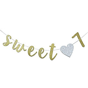 Sweet 7 Banner Gold Glitter with Heart for 7th Birthday Party Decorations Supplies Pre-Strung Cursive Bunting Photo Booth Props Sign