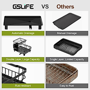 GSlife Dish Drying Rack with Drainboard - Large 2 Tier Dish Rack with 12 Plate Slot, Dish Racks for Kitchen Counter with Utensil Holder Cup Holders Cutting Board Holder, Black