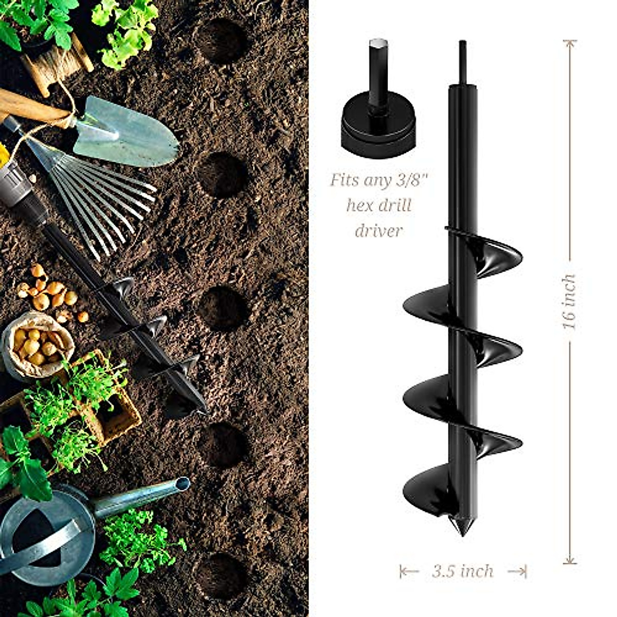 K-Brands Auger Drill Bit for Planting – 1.6 x 16 Inch & 3.5 x 16 Inch Set - Garden Spiral Hole Drill and Bulb Planter Tool - Bedding Plants, Umbrella Holes - 3/8 Inch Hex Drive Drill