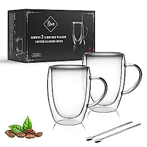 LIBWYS 2 Pack Double Walled Coffee Cups Glasses Mugs, 12oz Espresso Cappuccino Latte Tea Cups with Handle, Heat Resistant Borosilicate Clear Glasses 350ml