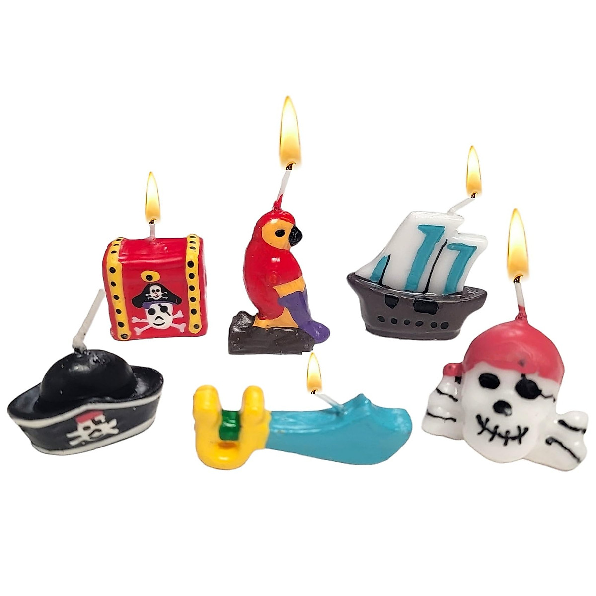 Pirate Themed Birthday Cake Candles (Set of 6) Treasure Chest, Skull, Sword, Pirate Hat, Pirate Ship and a Parrot. Great Cupcake Topper Candle (1 Set)