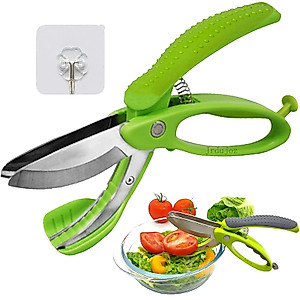 Salad Scissors for Chopped Salad, Lettuce Tong Scissors for Salad Bowl and Cutter, Multifunction Double Blade Salad Chopper Tool (Green)