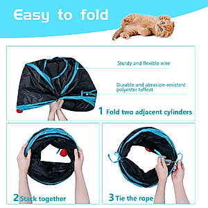 Sheldamy Cat Tunnel, 2-Way Collapsible Play Tunnel, Interactive Toy Maze for Small Animals, Suitable for Kittens, Puppies, Rabbits, Ferrets, Blue & Black