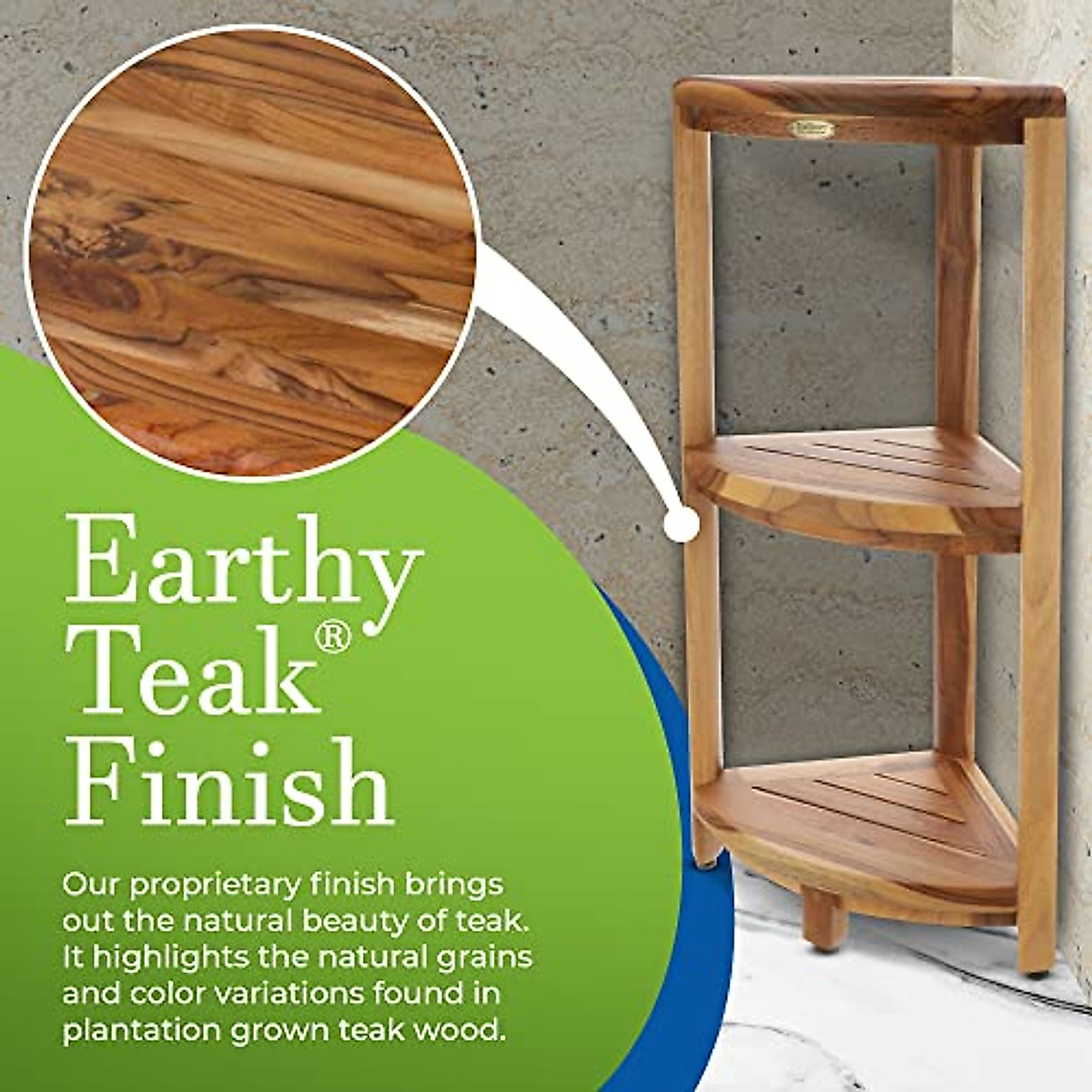 EcoDecors Snazzy Corner Teak Shower Corner Shelf 33" Radius 18” Tall Natural Wood Corner Shower Seat Spa Bench with Shelf Corner Stool for Shower in Earthy Teak Finish