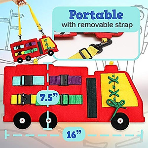 Busy Board for Toddlers 1-3 or 2-4, Firetruck Preschool Educational Early Learning Toy, Basic Life Skills and Fine Motor Montessori Activities for Kids, Learn to Dress Sensory Toy as Travel Game