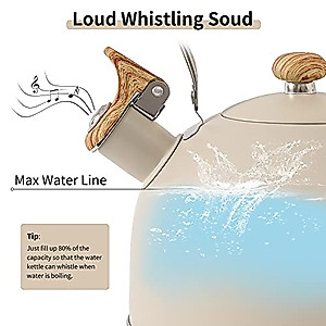 LONFFERY Tea Kettle, 2.5 Quart Whistling Tea Kettle, Tea Pots for Stove Top Food Grade Stainless Steel with Wood Pattern Folding Handle - Creamy White