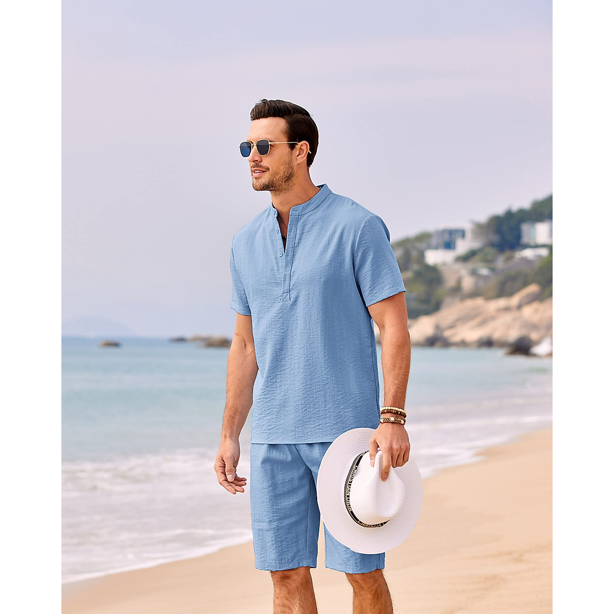COOFANDY Men's 2 Pieces Linen Set Casual Henley Shirts Short Sleeve Beach Yoga Shorts Summer Pants Outfits
