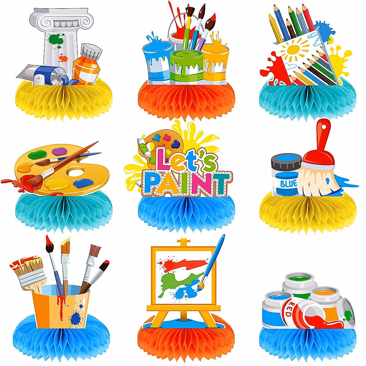 Gersoniel 9 Pieces Paint Party Decorations Art Honeycomb Centerpiece Paint Splatter Party Supplies for Art Painting Theme Birthday Party Baby Shower Decorations