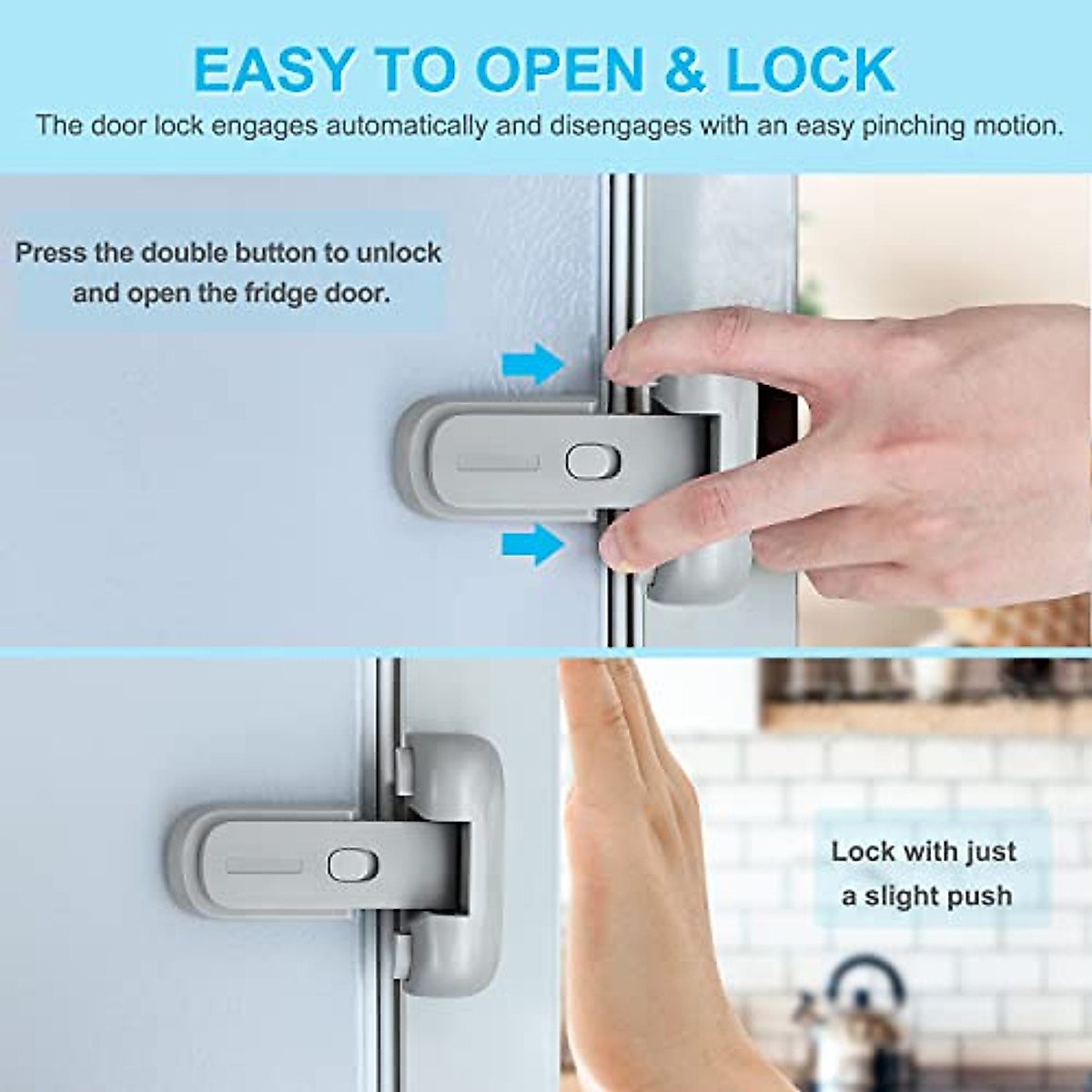 CLYMENE Refrigerator Fridge Freezer Door Lock for Kids, Child Proof Refrigerator Latch Lock to Keep Door Closed, No Tools Required and Easy Installation (Grey)