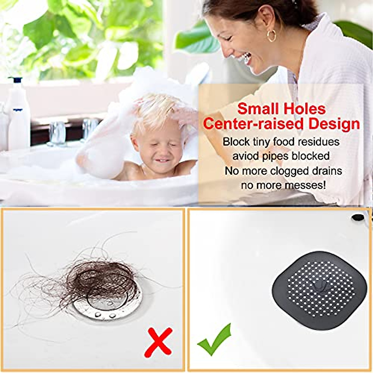 Hair Drain Catcher,Square Drain Cover for Shower Silicone Hair Stopper with Suction Cup,Easy to Install Suit for Bathroom,Bathtub,Kitchen 2 Pack(Black)