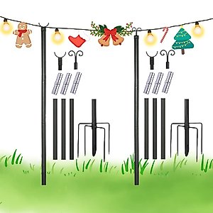 String Light Poles for Outdoors 2 Pack 7.8 FT Outside String Lights Pole Stand with 2 Shape Hooks and Heavy Duty 5-Prong Fork for LED Solar Bulbs Hanging Yard Garden Patio Wedding Cafe and Party
