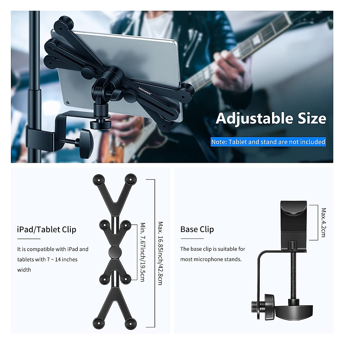 Neewer 7-14 inches Adjustable Tablet Holder Mount with 360 Degree Swivel Clamp for Connecting with Microphone Stand, Compatible with iPad, iPad Pro, iPad Air, Google Nexus Samsung Galaxy