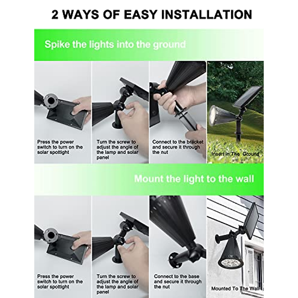 BOHON Solar Outdoor Lights Waterproof Solar Spot Lights Outdoor Spotlight 2-in-1 Wall Lights Auto On/Off Security Night Lights for Landscape Lighting Yard Patio Garden Deck Pathway 2 Pack (Warm White)