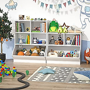 Aheaplus Toy Storage Organizer with Bookcase, 5 Cubby Bookshelf Toy Storage Cabinet, Open Multi-Bins Toys&Books Storage Display Organizer for Playroom, Bedroom, Nursery, School, White