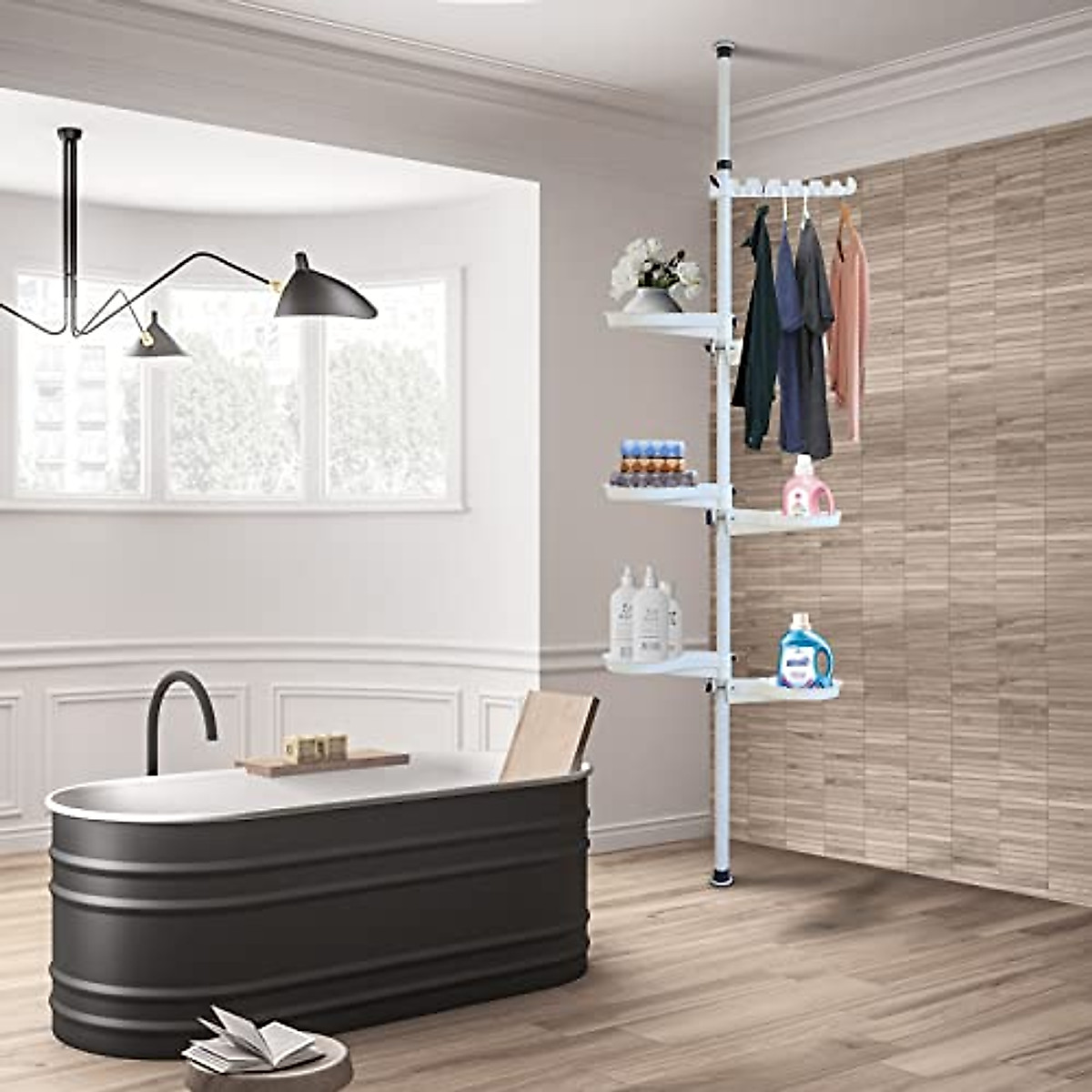 LOYALHEARTDY 6-Tier Indoor Plant Pole Spring Tension Rod Expandable Flower Pots Display Rack Stand Hanger Metal Corner Storage Shelf, Floor to Ceiling Shelf Space Saving, White